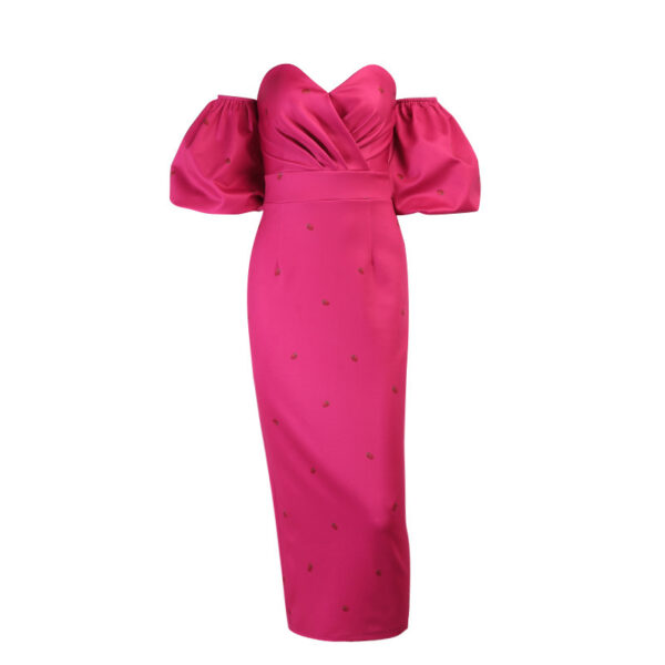 Jacquard Puff Sleeve Midi Cocktail Dress | ShapeMiNow